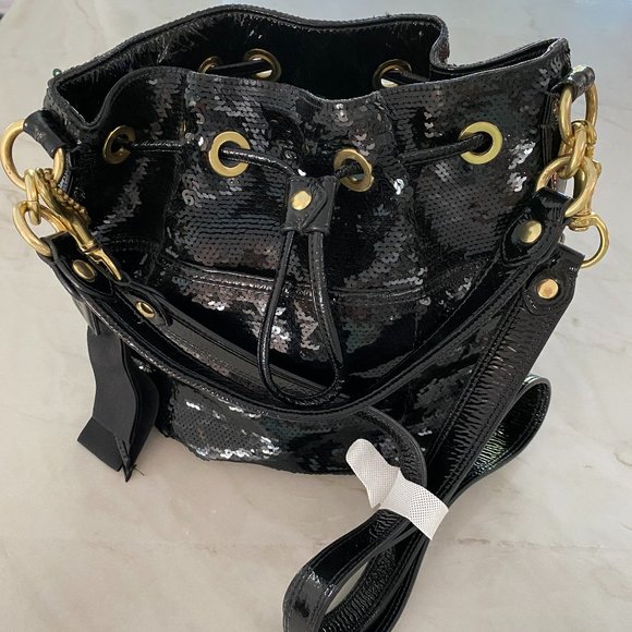 Coach | Bags | Coach 796 Sequin Poppy Cinch Black Gold Drawstring Bag ...